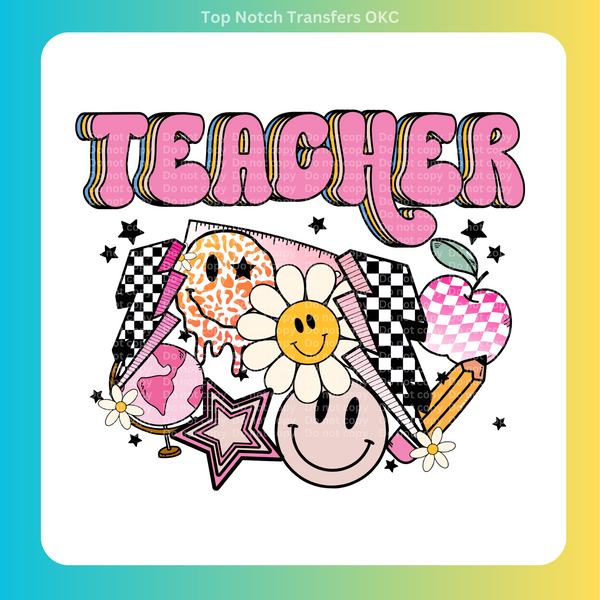 Teacher checkered pink supplies DTF Transfer – Top Notch Transfers OKC